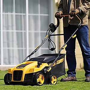 Rock&Rocker 2-in-1 16INCH Dethatcher Scarifier, 15 Amp Electric Lawn Dethatcher, 5 Working Depth Adjust, 48.4QT Removable Collection Bag, for Lawn Health, Yellow (REDM16A)