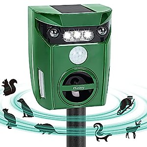 Phosooy Ultrasonic Animal Repeller, Outdoor Waterproof Solar Animal Deterrent Repellent with Motion Sensor & LED Flashing Lights, Drive Away Cats, Squirrels, Rats, Skunks, Raccoons and Deer