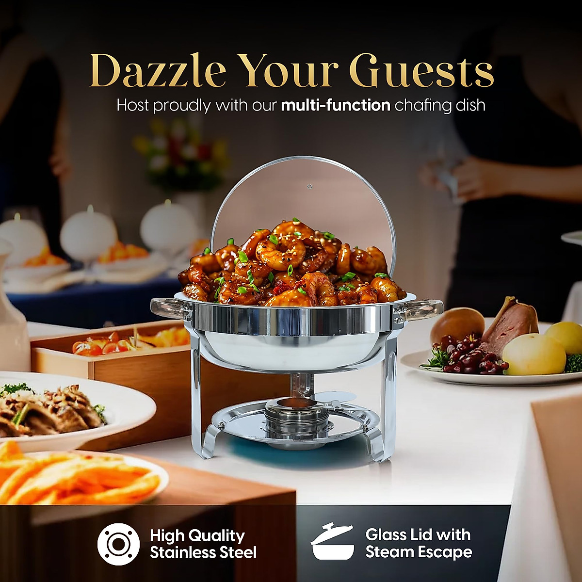 Stainless Steel Chafing Dish - 1x 5QT Catering Dish - Silver & Rose Gold - Round Food Warmers for Parties - Buffet Serving Dishes for Heating & Cooling