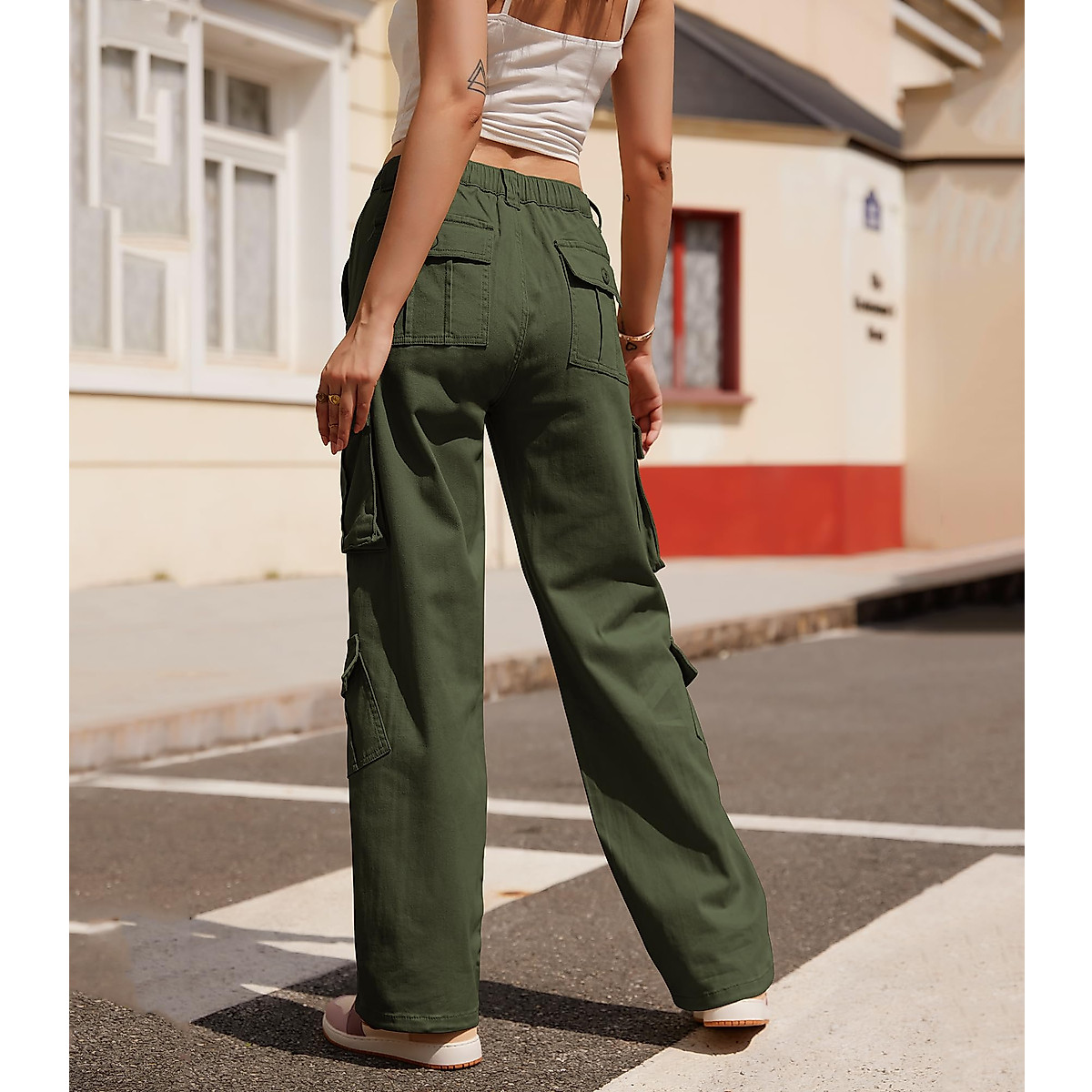 ZMPSIISA Women Pants High Waisted Cargo Pants Combat Military Wide Leg Casual Trousers 8 Pockets(Green,X-Large)