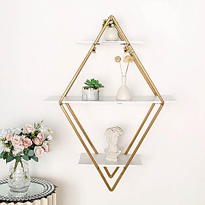 Efavormart 31" Geometric Diamond Shaped 3-Tier Gold Metal Dessert Cupcake Stand Rack, Wall Hanging Display Shelf Display, Book Shelf with White Wood Panels