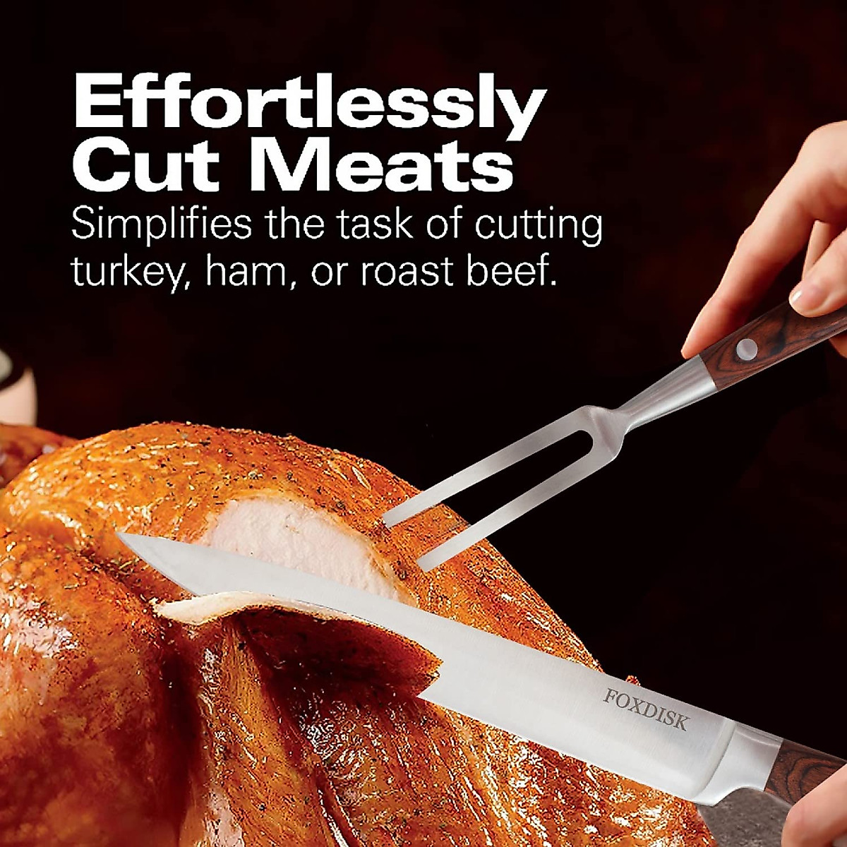 FOXDISK 2 Piece Carving Knife and Fork Set, Carving Set for Barbecue, Cutting Meat and Turkey, Stainless Steel Camping Cooking BBQ Cutter Carving Fork with Gift Box - Wooden Handle