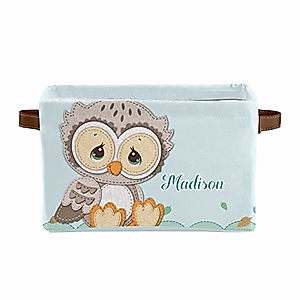 Woodland Owl Green Foldable Custom Personalized Name Storage Bins Basket Cubic Clothes Supplies Organizer,Durable Handle
