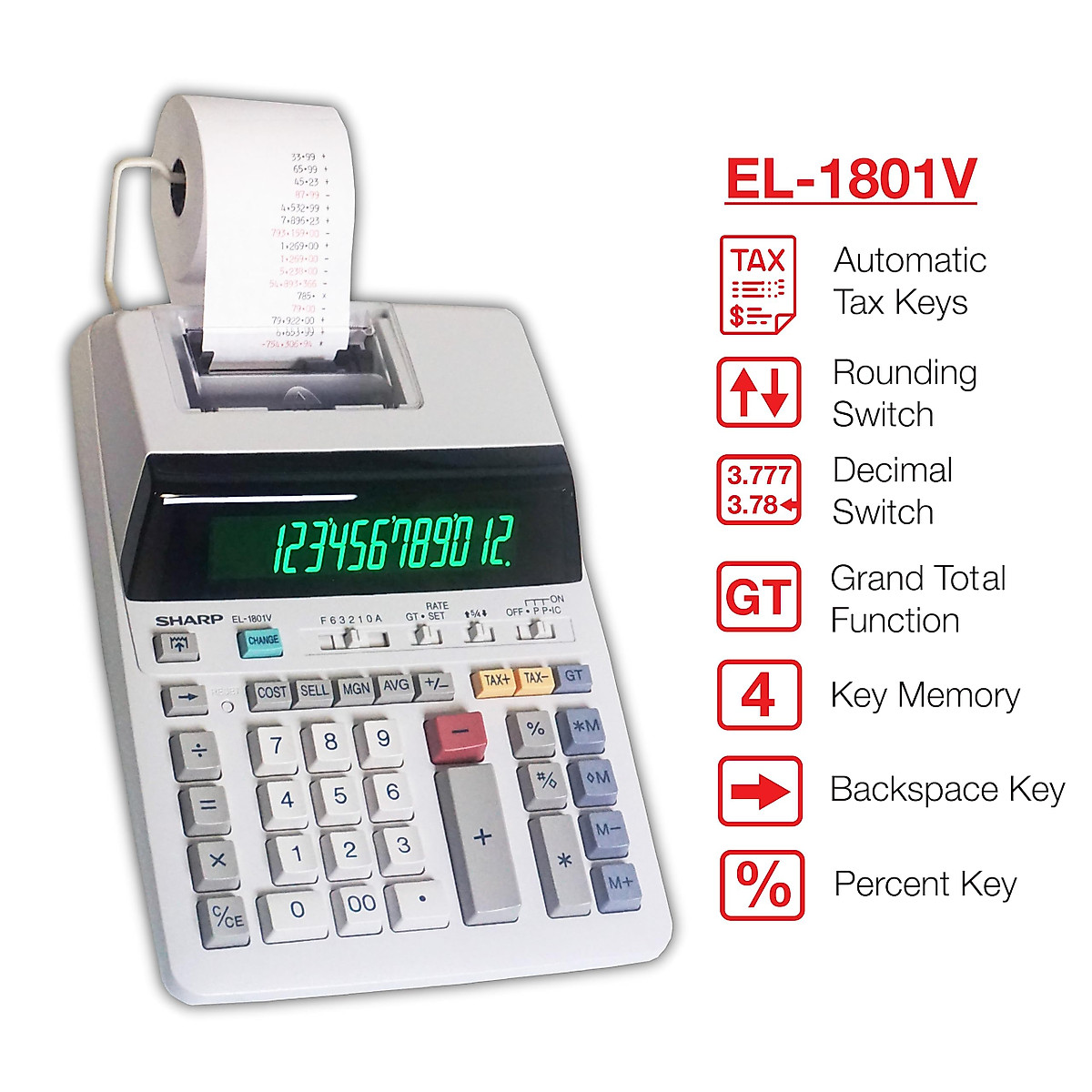 Sharp EL-1801V Ink Printing Calculator, Fluorescent Display, AC, Off-White