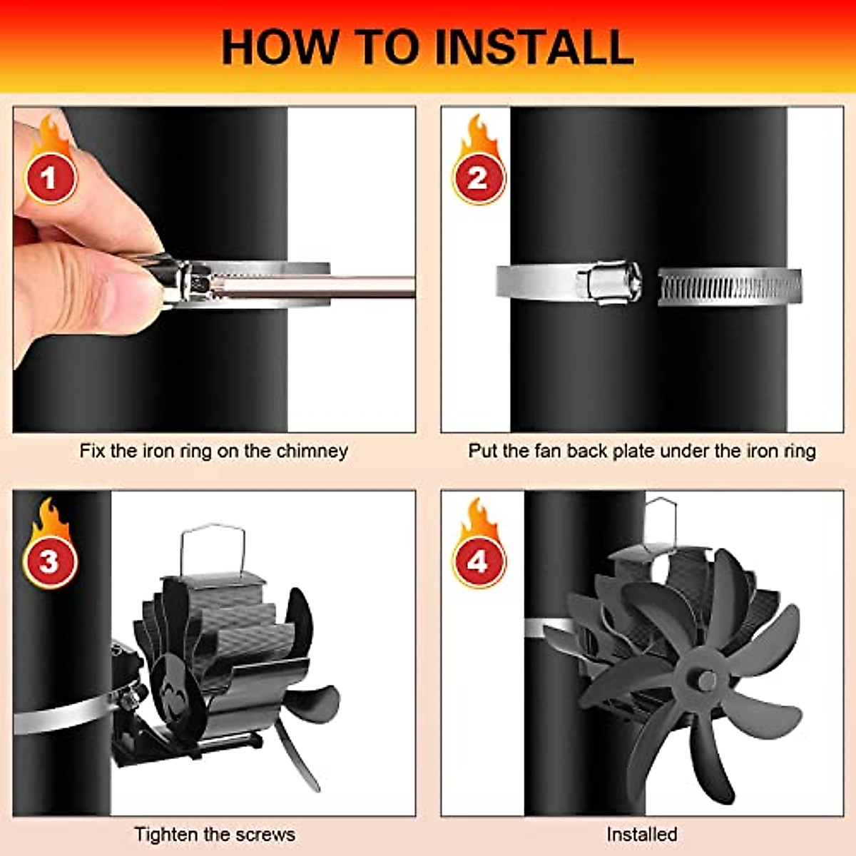 LAMA Heat Powered Wood Stove Fan, Upgrade 7 Blades Flue Pipe Hanging Fireplace Fan, Heat Activated Fan, Log Burner Fan with Stove Thermometer for Wood Burning Stove/Gas/Pellet/Log, Black