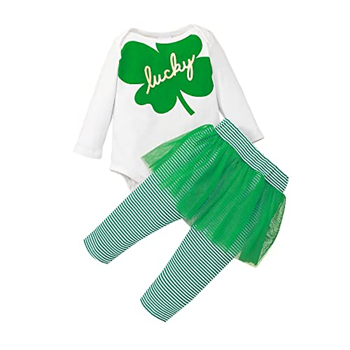 1st St. Patrick's Day Outfit Newborn Infant Baby Girl Long Sleeve Lucky Clover Romper Bodysuit Green Tutu Pants Set (Green A, 9-12 Months)