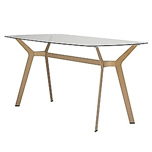 Studio Designs Home Archtech 60" W x 32" D Mid-Century Modern Dining, Desk, Metal and 8mm Thick Glass Table in Gold