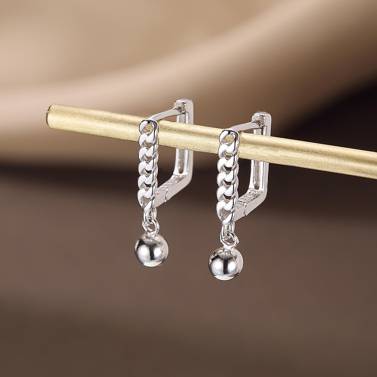 SLUYNZ 925 Sterling Silver U Hoop Earrings for Women Square Hoop Earrings Minimalist Chain Earrings Small Ball Dangly Hoop Earrings (A-Silver)