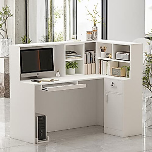 AIEGLE Reception Desk with Counter Drawers & Storage Shelves, L-Shaped Reception Counter Table for Salon Reception Room Checkout Office, White (55.9" L x 32.3" W x 48.4" H)