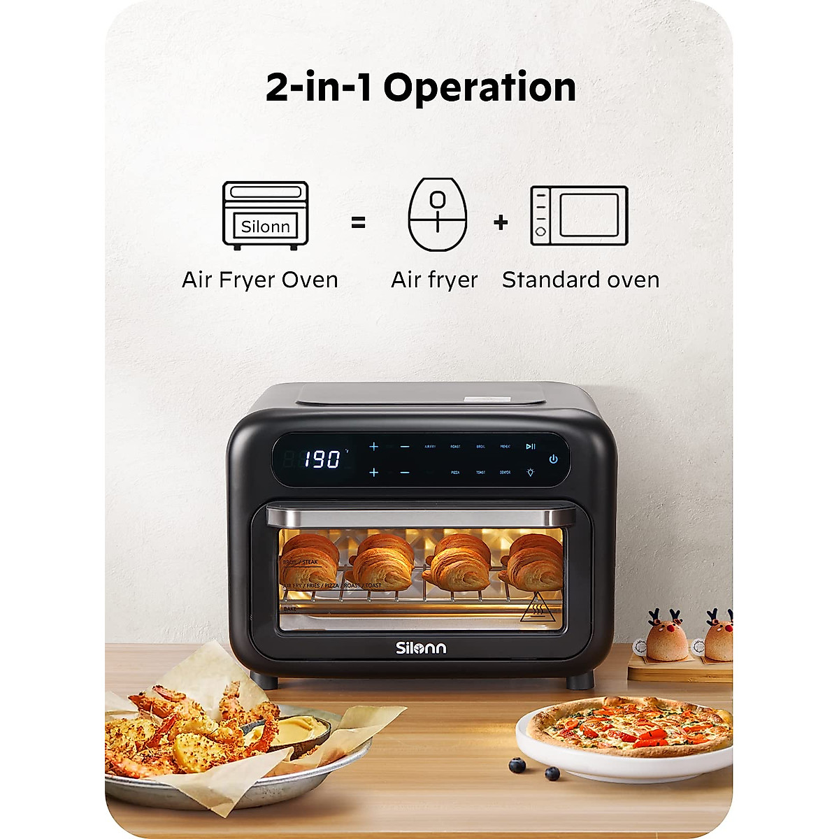 Silonn Air Fryer Oven, 2-in-1 Smart Air Fryer Toaster Oven Combo, 14QT Stainless Steel Air Fryer Oven with Digital Countertop, Natural Convection Roast Bake, Black
