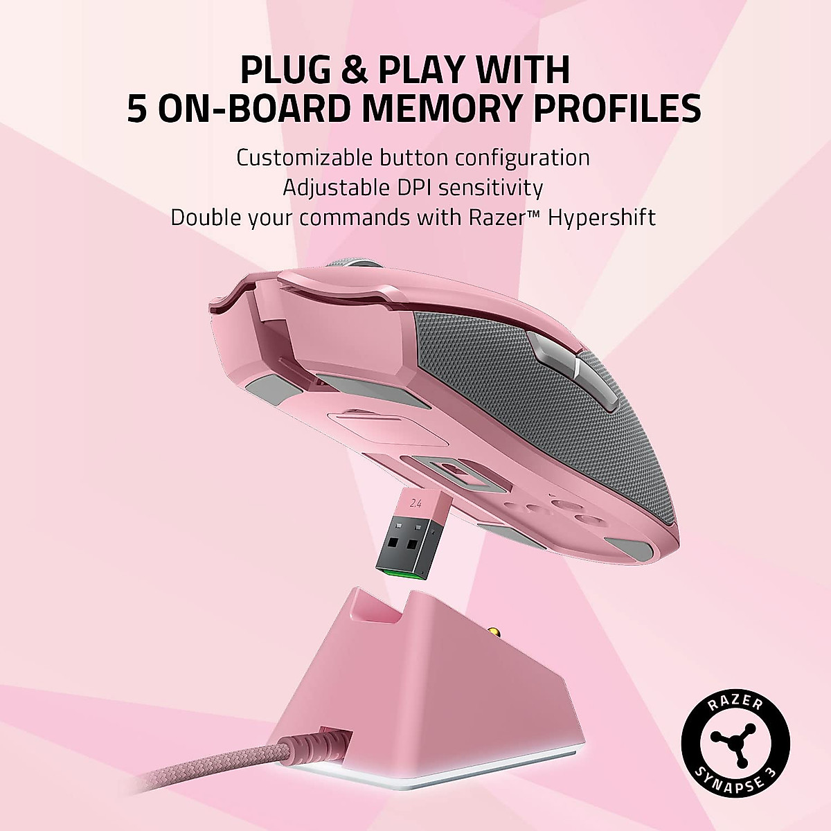Razer Viper Ultimate Lightweight Wireless Gaming Mouse & RGB Charging Dock: Hyperspeed Wireless Technology - 20K DPI Optical Sensor - 78g - Optical Mouse Switch - 70 Hr Battery - Quartz Pink