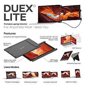Duex Lite New Mobile Pixels Portable Monitor, 12.5" Full HD IPS Dual Monitor for laptops, USB C/USB A Powered Plug and Play Portable Display,Windows/MacOS Compatible (Grey)