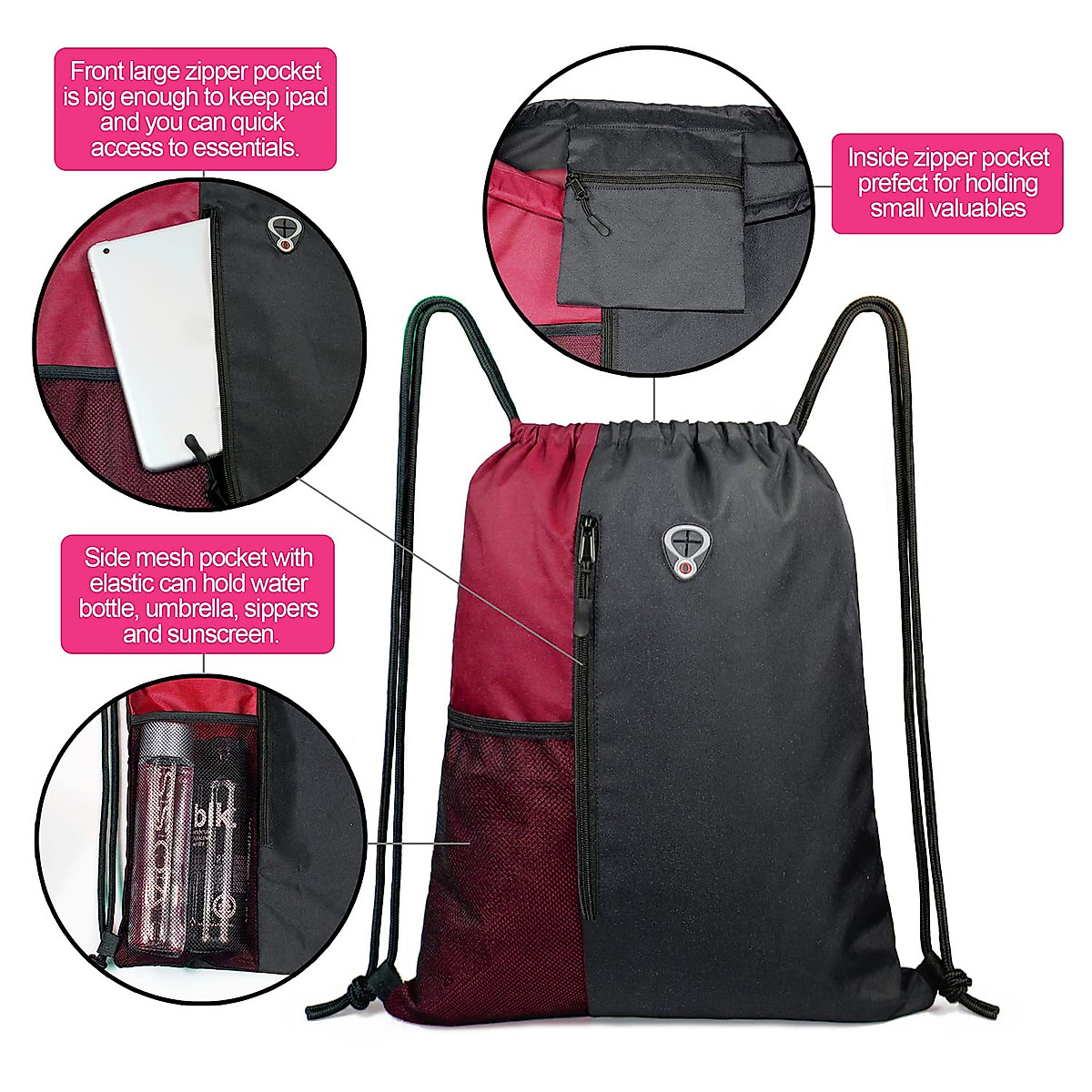 BeeGreen Maroon Drawstring Backpack Sports Gym Bag for Women Men Large String Backpack With Zipper and Water Bottle Mesh Pockets Cinch Sack Workout Bag, 16" x 20"