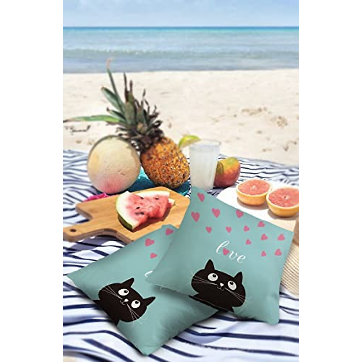 Outdoor Waterproof Pillow Covers for Patio Furniture Lovely Cat and Heart Decorative Throw Pillow Cover Cartoon Heart Design Pattern Pillowcases Set of 2 Cushion Case for Sofa Couch Chair 16x16 in