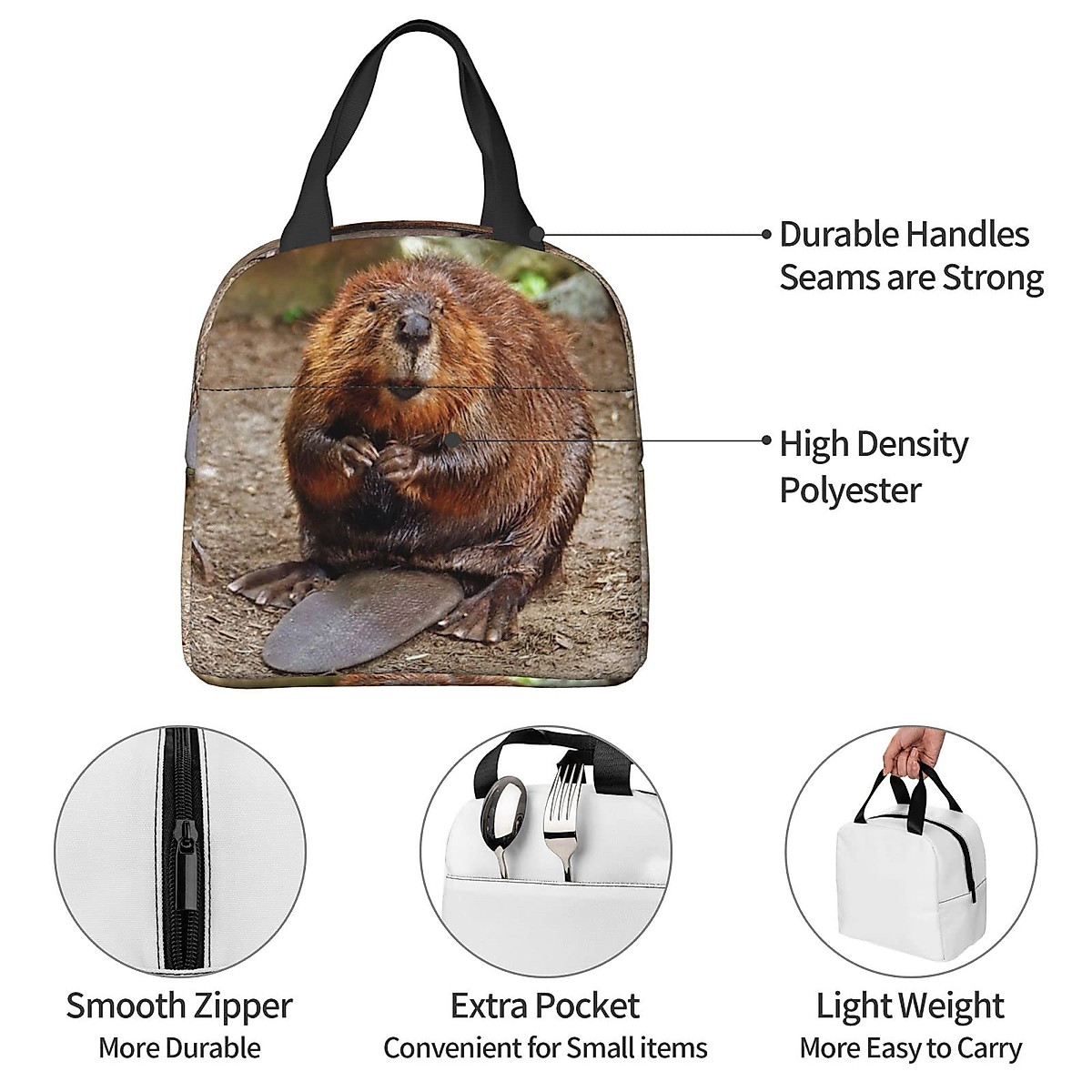Larklitz Cute Funny Beaver Reusable Insulated Lunch Bag, 8.5in x 8in x 5in, Polyester, For Women Men