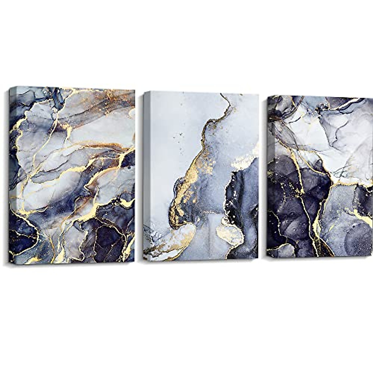 Creoate Abstract Wall Art 3 Pieces Navy Blue Gold Canvas Painting Print Wall Art Wrapped Canvas Art Set Modern Home Office Wall Decor for Living Room, Ready to Hang