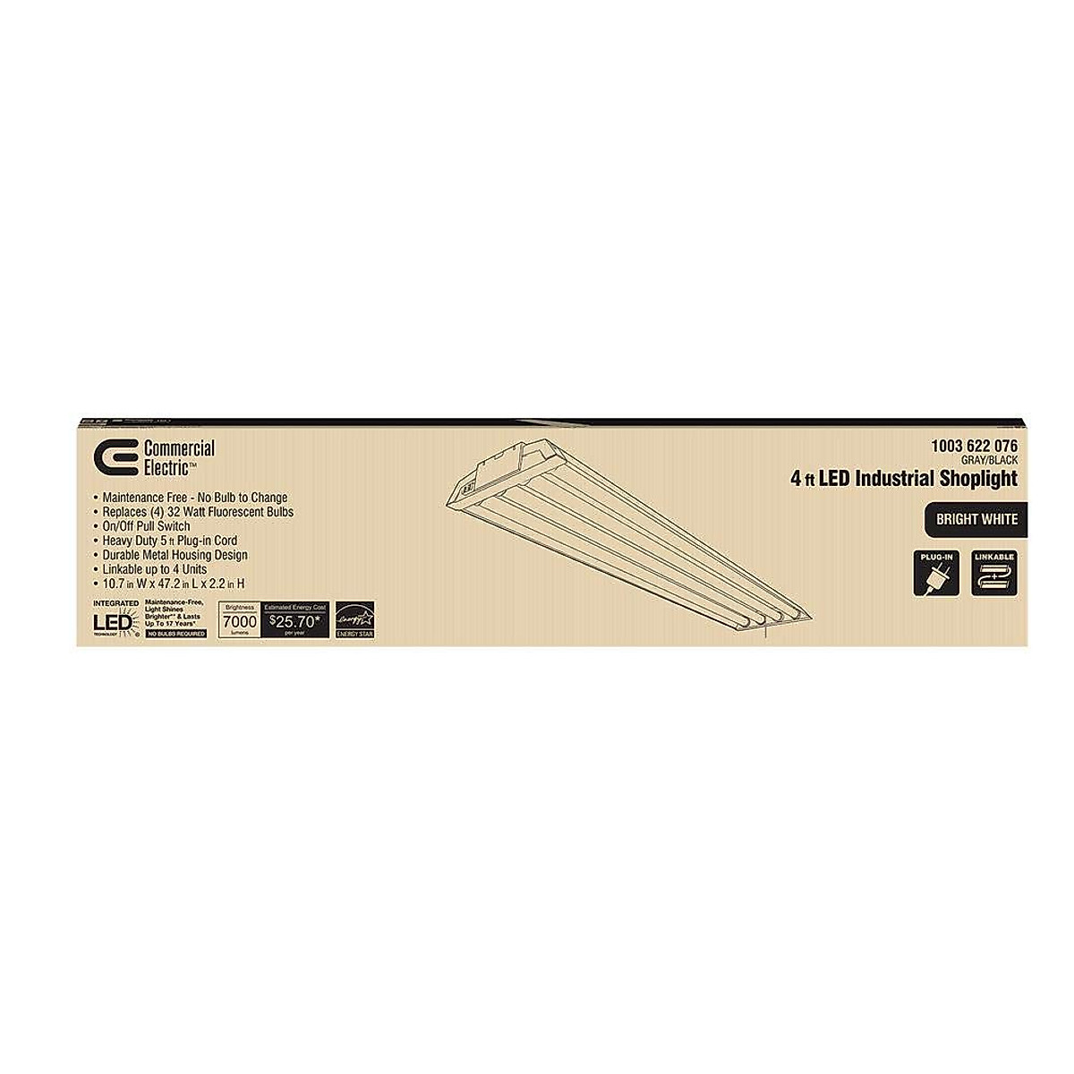 Commercial Electric 4 ft. 4-Light 80-Watt White Integrated Heavy Duty Utility LED Shop Light with Pull Chain