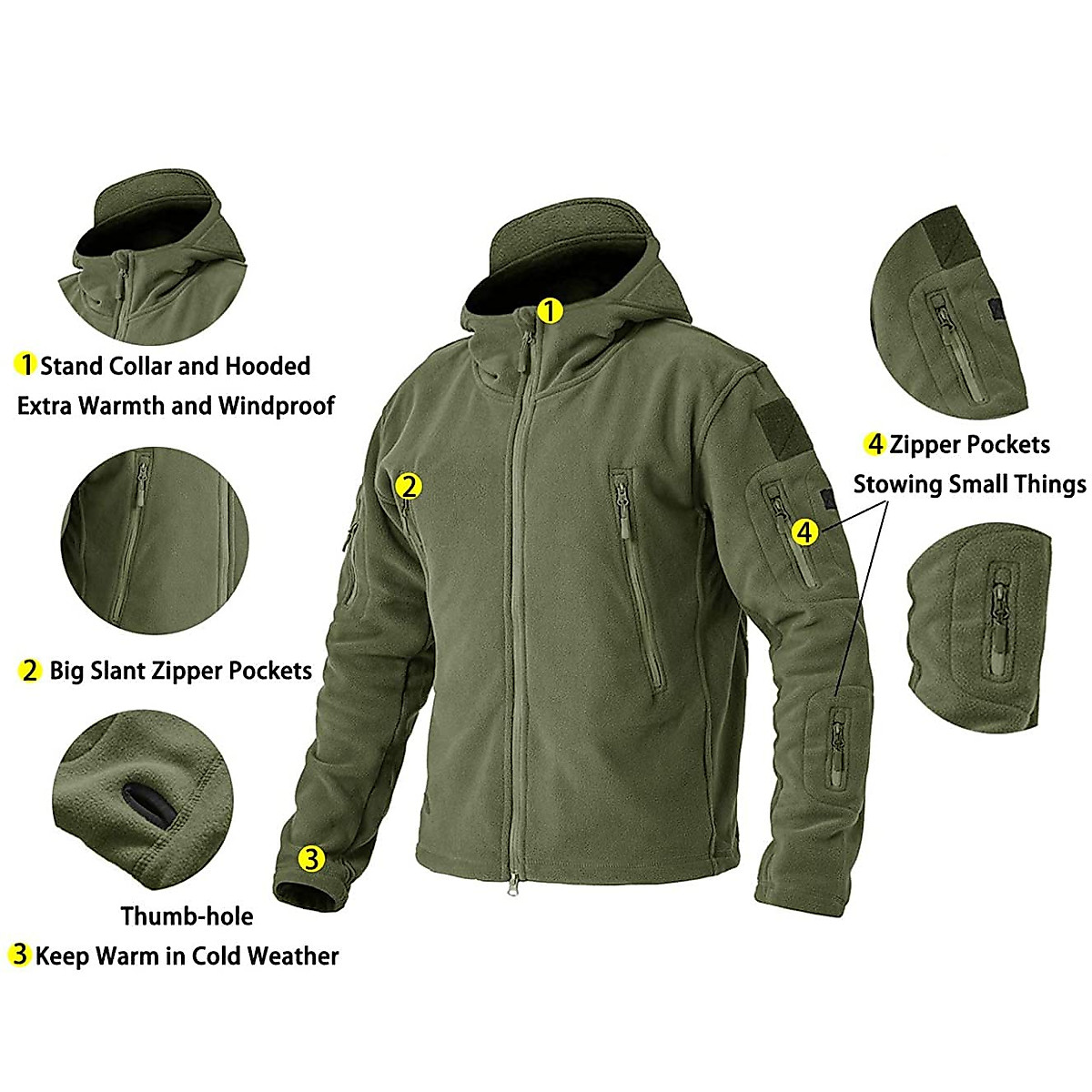 BIYLACLESEN Hunting Fleece Men Heavyweight Polartec Fleece Jacket Tactical Police Fleece Mens Zip Fleece Tall Warm Winter Jacket Army XL