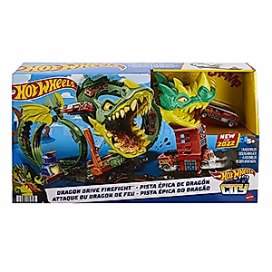 HOT WHEELS Track Set with 1:64 Scale Toy Firetruck, City Fire Station with Dragon Nemesis and Track Play, Dragon Drive Firefight