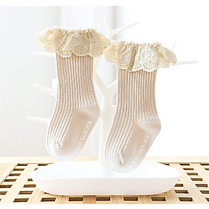 N / D Newborn Toddler Kids Baby Girls Infant High Knee Knitted Socks Cute Ruffle Lace Long Stockings Fall Winter (Beige White, 0-1 Years)