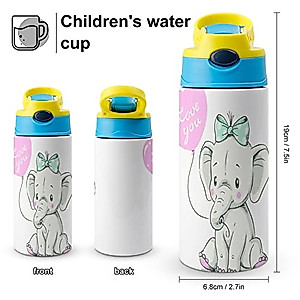 Water Bottle With Straw Cute Elephant Insulated Stainless Steel Vacuum Cup 500Ml For School 7.5x2.7 in