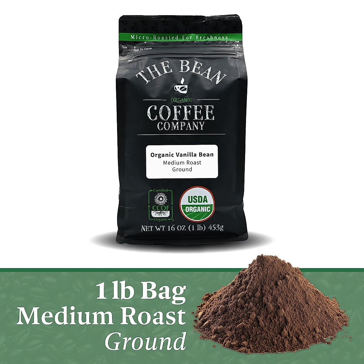 The Bean Organic Coffee Company Vanilla Bean, Medium Roast, Ground Coffee, 16-Ounce Bag,Café molido tostado organico