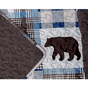 Rustic Modern Farmhouse Cabin Lodge Quilted Couch Sofa Loveseat Armchair Chair Recliner with Patchwork of Grizzly Bears and Buffalo Plaid Check Houndstooth Patterns Beige Blue - Western 2 (Chair)