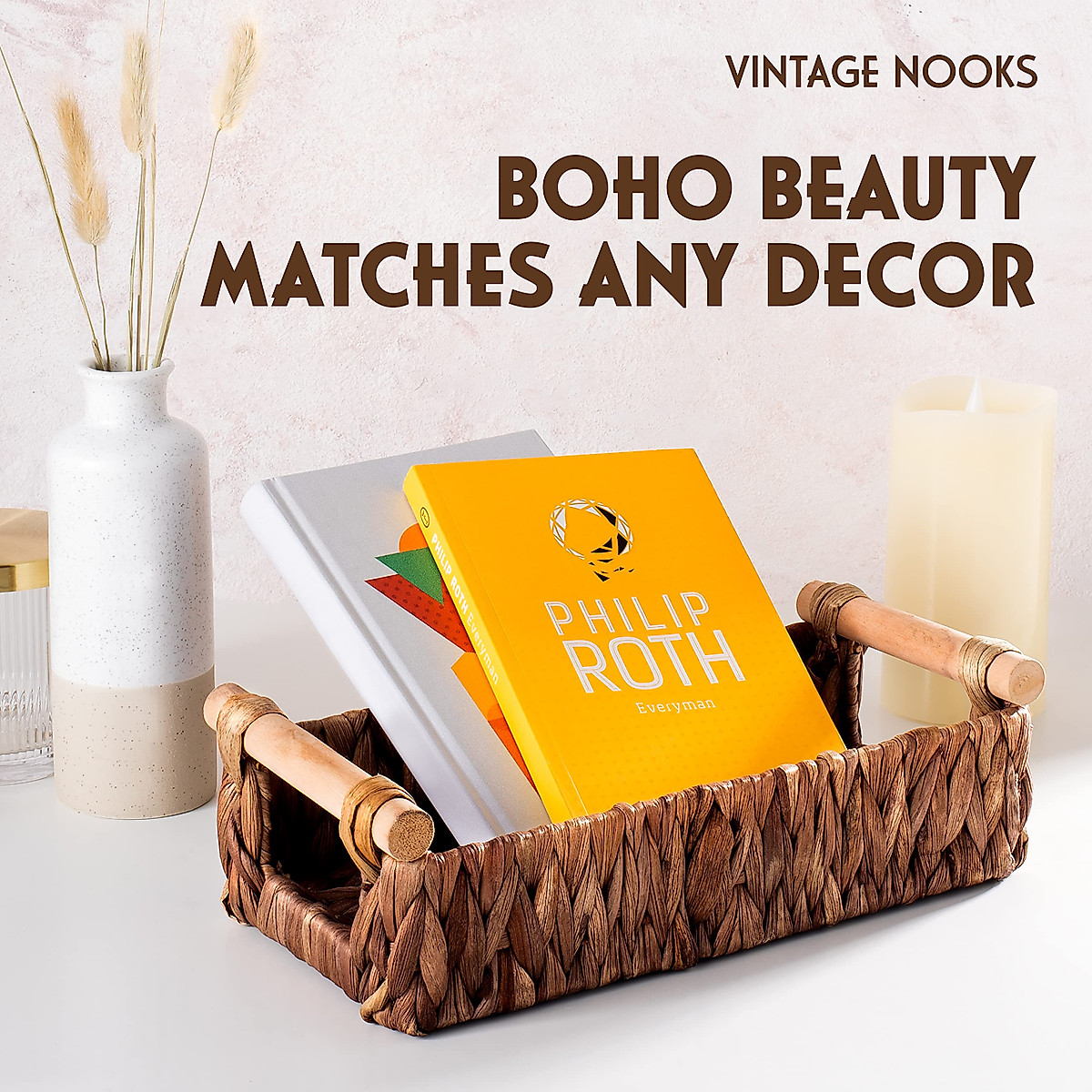 Toilet Paper Basket for Back of Toilet - Set of Two Small, Wicker, Hyacinth Bathroom Baskets for Toilet Paper and Towel Storage (Color: Medium Brown)