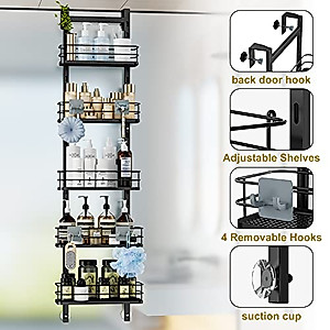 Vetacsion 44.37 inch Height 5 Tier Adjustable Over door Shower Shelf,Hanging Bath Oragnizer with 4 Hook,4 Suction,Metal Black