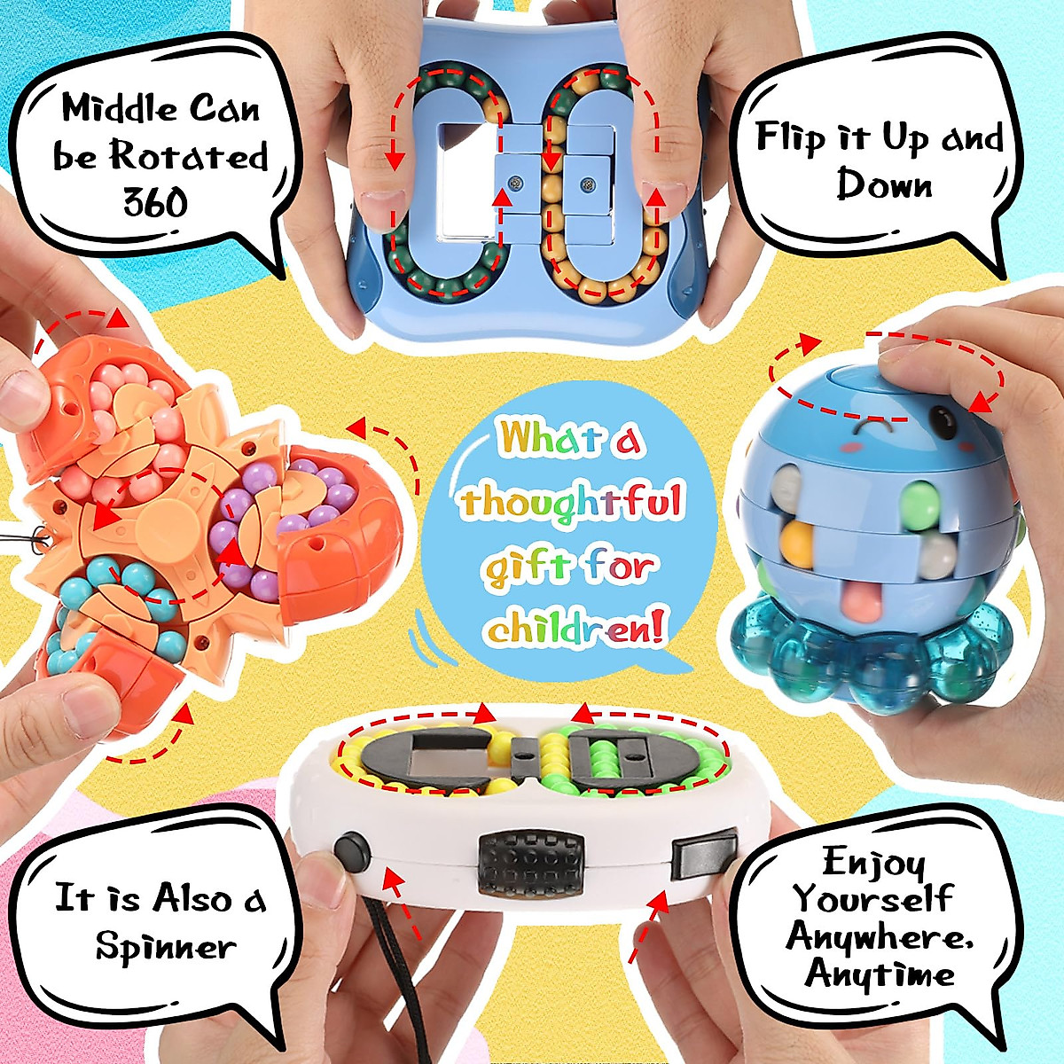 4 Pcs Rotating Bean Toys Set, Spinner Toys 2 in 1 Learning and Education Rotating Bean Cube Puzzle Stress Relief Gift for Kid Boy Girl Student Birthday Gift Classroom Prize(Cute)