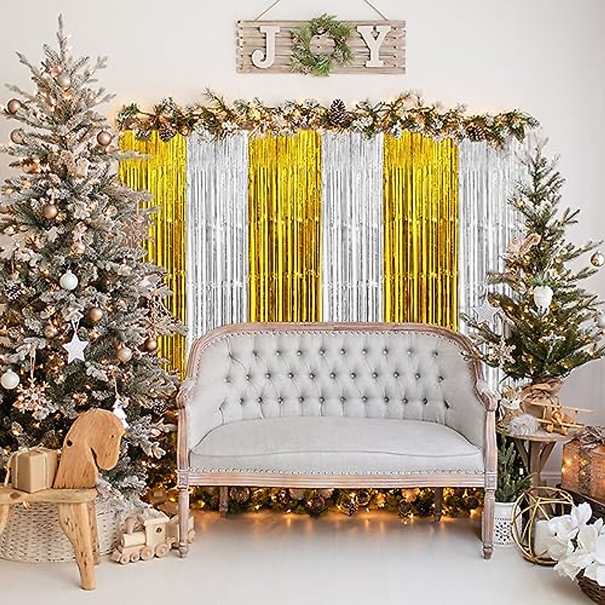 MEHOFOND 2 Pack 3.3x6.6 ft Gold Tinsel 2025 New Year Eve Streamers Party Decorations Foil Fringe Curtain Backdrop for Birthday Wedding Bachelorette Engagement Photo Props