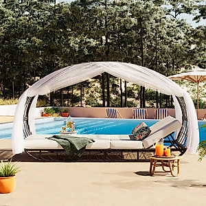 LUMISOL Outdoor Patio Daybed with Curtain, Sunbed with Cushion and Colorful Pillow, 90.55" Wicker Lounge Chairs Backrest Adjustable Recliners for Lawn Garden Poolside, Beige Cushion and Black Wicker