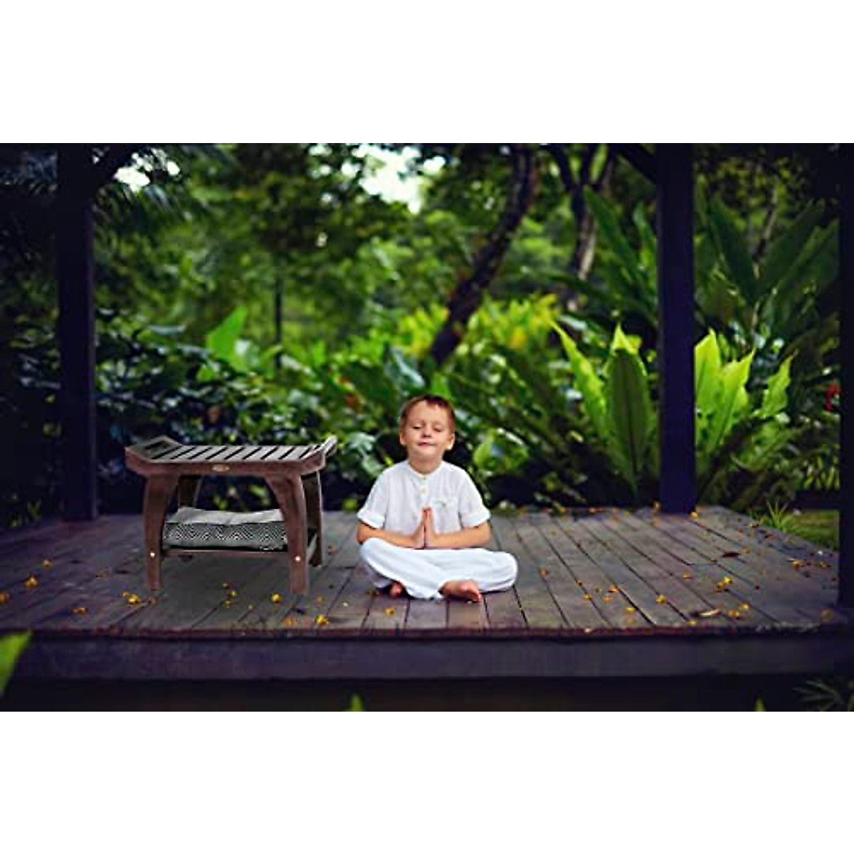 DecoTeak Tranquility Shower Bench Teak Wood Shower Stool with Storage Shelf 24" Wide Eastern Style 300 Pound Weight Capacity Shower Bench in Woodland Brown Finish