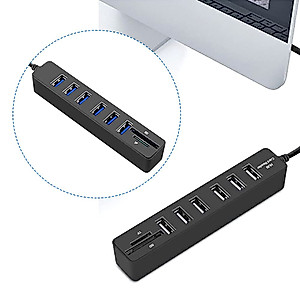 USB Hub, Universal Ultra Slim Data Hub 6 Port USB 2.0 Hub Multifunctional Splitter, 2.0 USB Extension Splitter with 60cm Cable(Black)