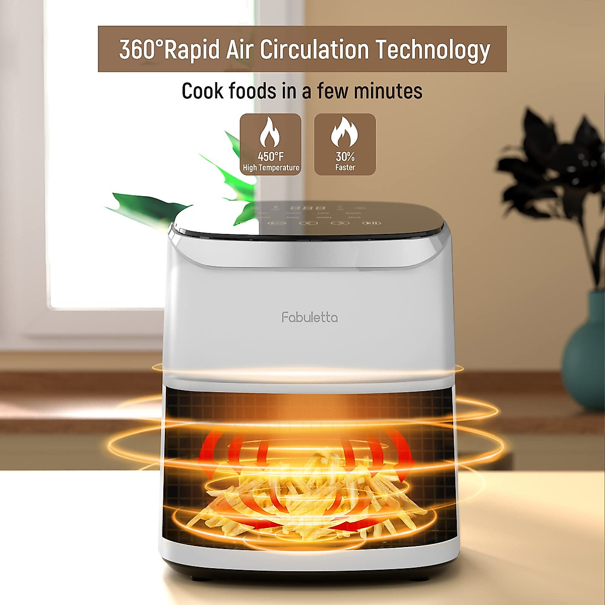 White Air Fryers 4 Qt, Fabuletta 1550W 9 Preset Cookings Air Fryer Oilless Cooker, Shake Reminder, 450°F freidora de aire,Tempered Glass Display, Dishwasher-Safe & Nonstick, Fit for 2-4 People