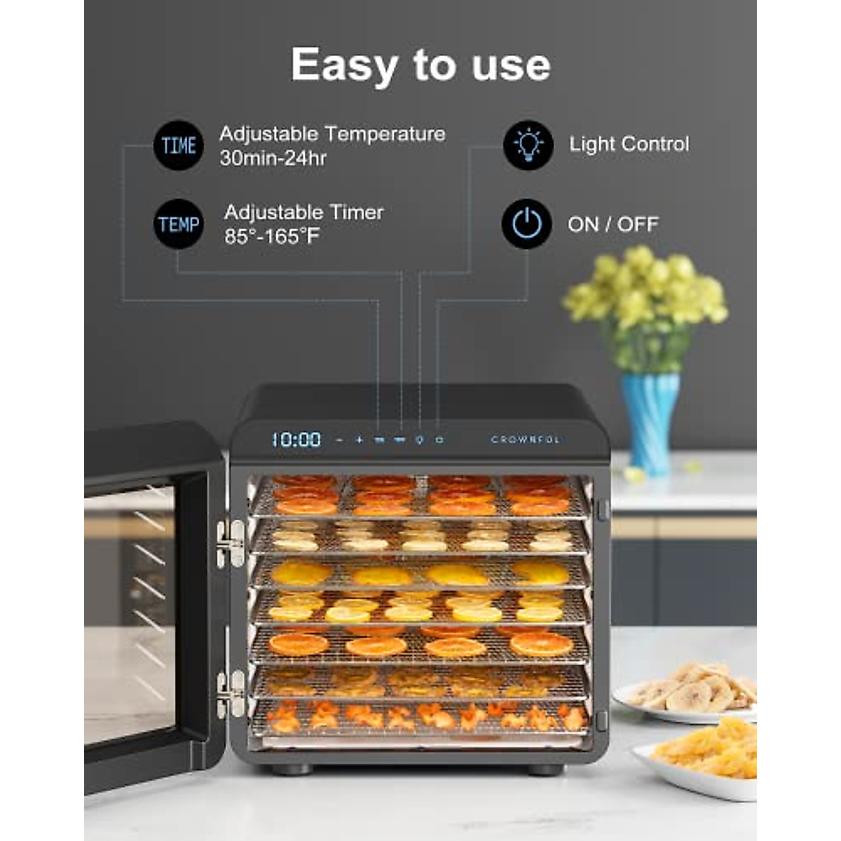 CROWNFUL Food Dehydrator Machine, 7 Stainless Steel Trays, Dryer for Jerky, Vegetable, Fruit, Meat, Dog Treats, Herbs, and Yogurt, Equipped Safety Over-Heat Protection, Digital Timer and Temperature Control, ETL Listed, 30+ Free Online Recipes, Black