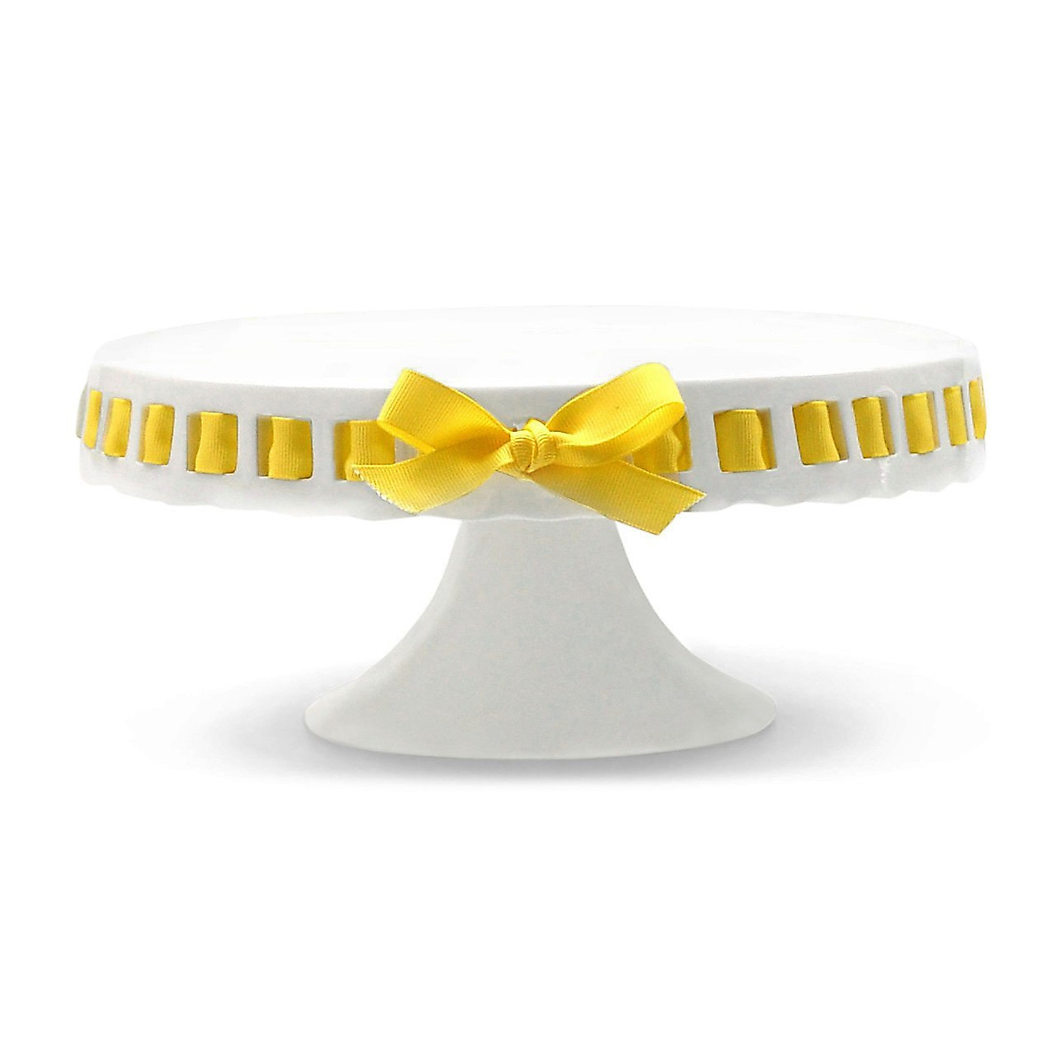 10 inch Pedestal Footed Cake Display Stand with Scalloped Edge and Interchangeable Ribbon Trim (Includes 3 Grosgrain Ribbons) Perfect for Wedding Cakes Baby Showers Birthdays