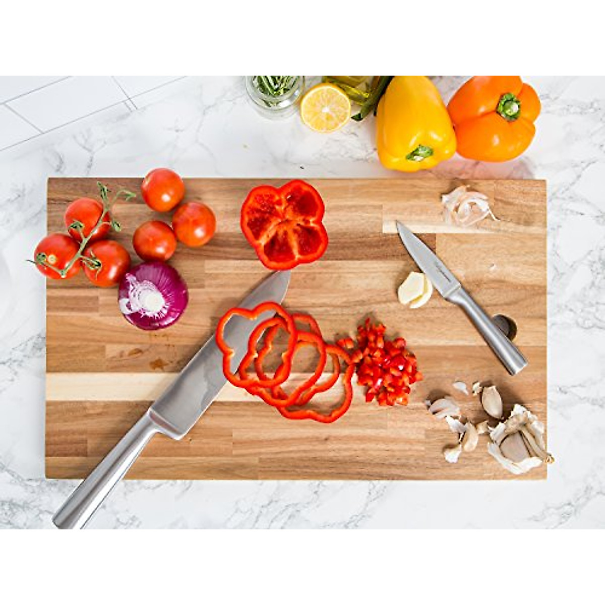 Knife Block Set - 17 Pieces - Includes Solid Wood Block, 6 Stainless Steel Kitchen Knives, Set of 8 Serrated Steak Knives, Heavy Duty Poultry Shears, and a Carbon Steel Sharpening Rod