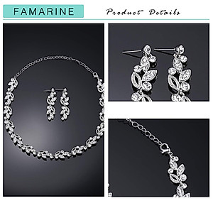 FAMARINE Silver Bridal Jewelry Set, Clear Crystal Wedding Drop Earrings Necklace for Bride Bridesmaid