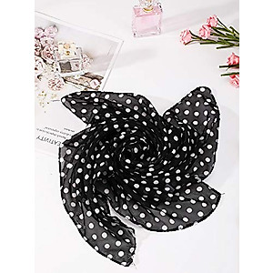 Boao 1950s Chiffon Scarf Polka Dot Retro Hair Tie 50s Sheer Square Neck Head Scarf Vintage Neckerchief for Women Girls (Black with White Dots)