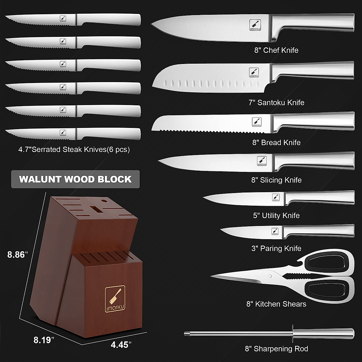 Cleaver Knife and 15-Pieces Knife Set, imarku Japan Stainless Steel Knife Set with Block and Knife Sharpener, 7 Inch Meat Cleaver or Home Kitchen and Restaurant