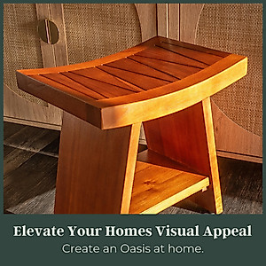 Teak Shower Bench - Fully Assembled 18 Inch Shower Stool with Shelf | Water Resistant Shower Benches for Inside Shower to Sit On | Shower Chair for Bathroom, Spa, Garden | Adjustable Non-Slip Feet