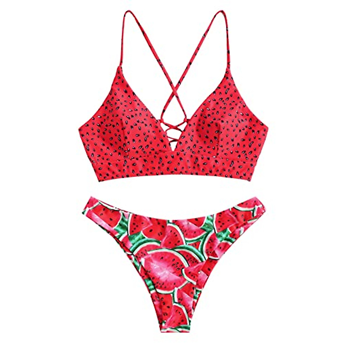 ZAFUL Women's Sexy Triangle Bikini Set Watermelon Print Spaghetti Strap 2 Piece Swimsuit Crisscross Low Cut Bathing Suit Red M
