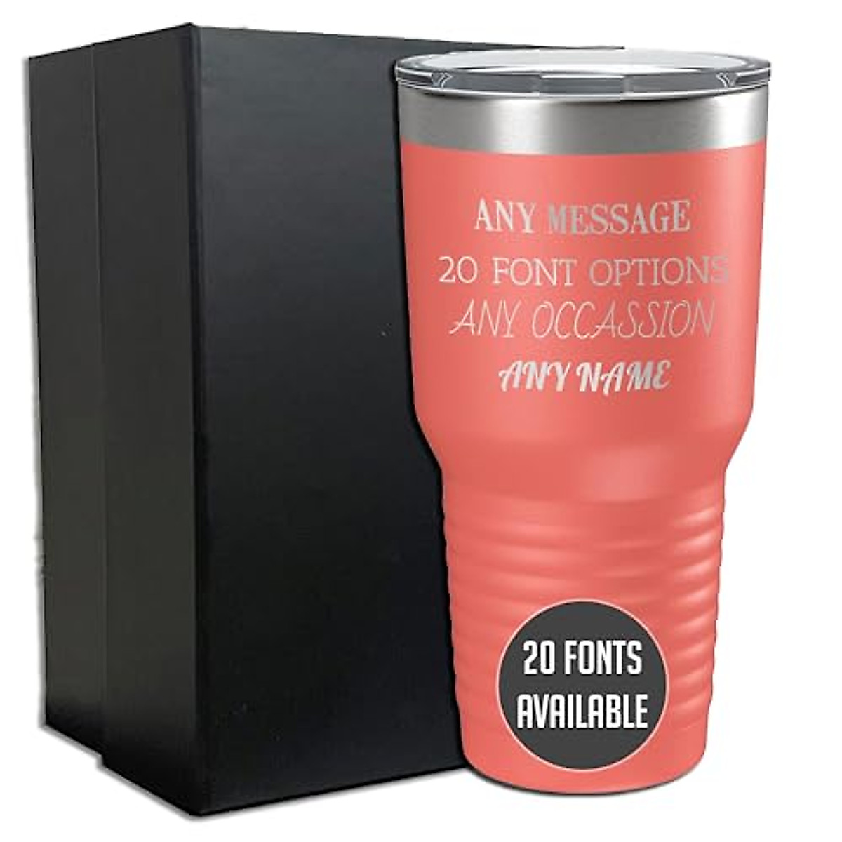 Personalized 30oz (17 Colors) Powder Coated Insulated Stainless Steel Tumbler with Lid, Custom Etched, Customized Text Message Name, Engraved Gift Idea Women Men Him Her, Your Text Here (Coral)