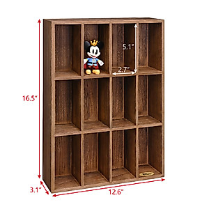 Ikee Design Wall Mounted Wooden Mountable 12 Compartments Holder Display Shelf for Collectibles, Wood Collection Wall Display Shelves, Shadow Box Tie Display Rack, 12.6W x 3.1D x 16.5H in, Brown Color