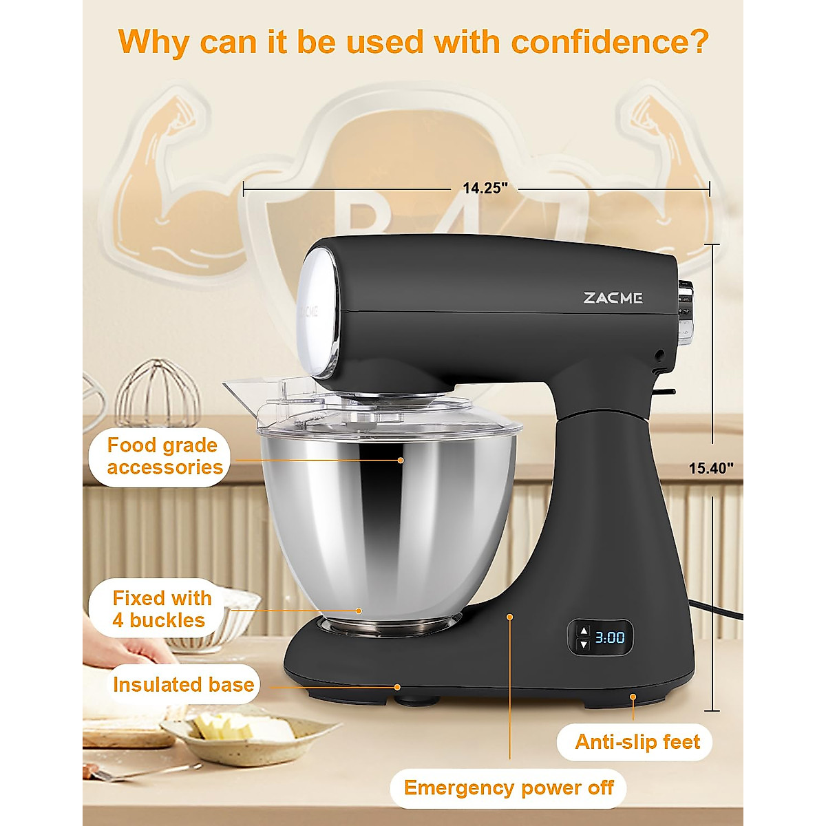 ZACME Mixers Kitchen Electric Stand Mixer, Aluminum die casting and Gears, 1 Hour Continuous Operation, Dual Cooling System, Low Noise DC Motor, LED Display and Timing Function, 600W 5.5QT, Food Grade