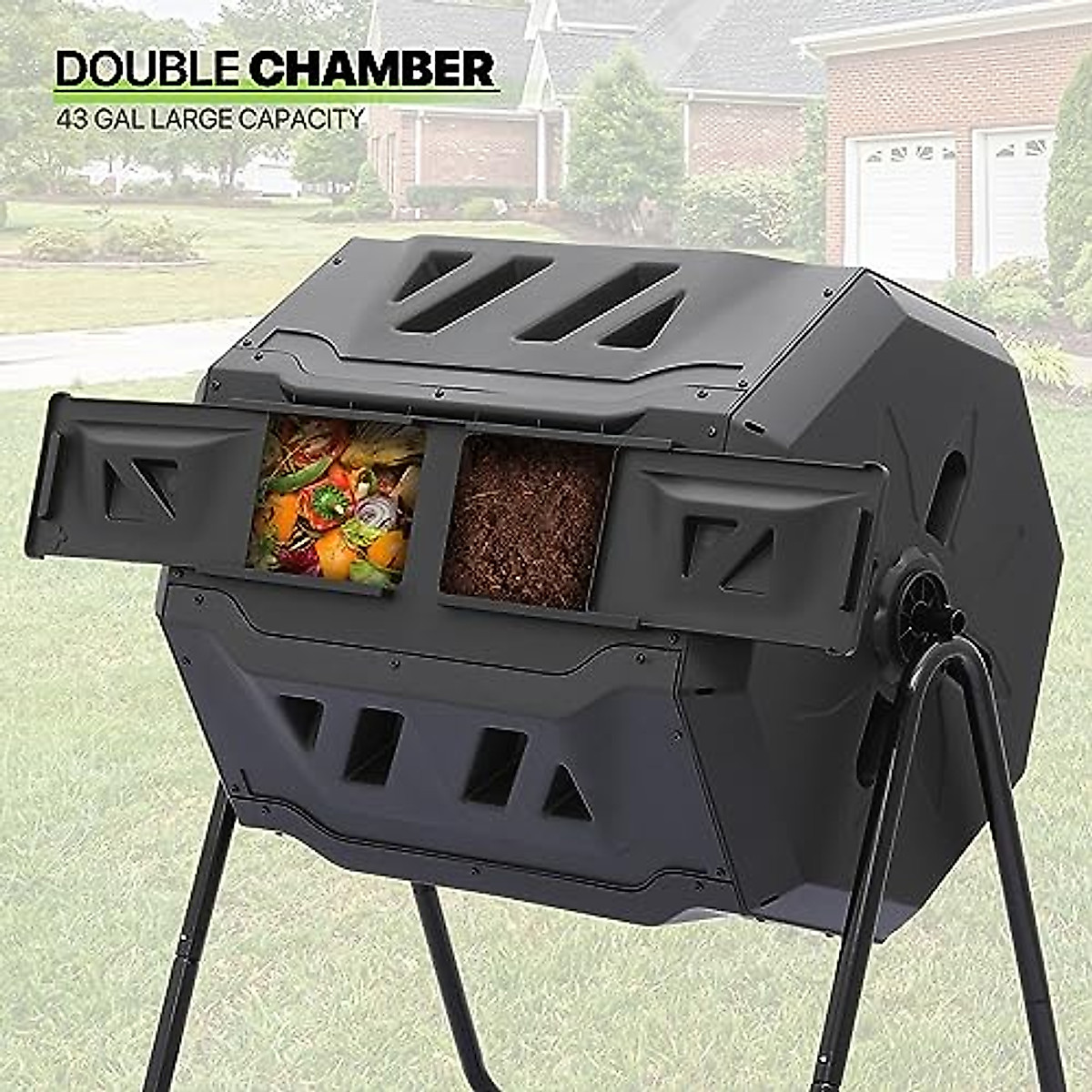 Magshion 43 Gal Chamber Compost Tumbler Outdoor Tumbling Composting Bins High Volume Garden Composter w/Dual Chamber Sliding Doors for Gardening, Black Sliding Doors