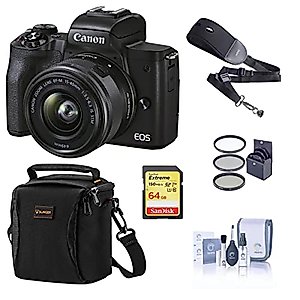 Canon EOS M50 Mark II Mirrorless Camera with EF-M 15-45mm f/3.5-6.3 is STM Lens, Black Bundle with Bag, 64GB SD Card, Filter Kit, Sling Strap, Cleaning Kit