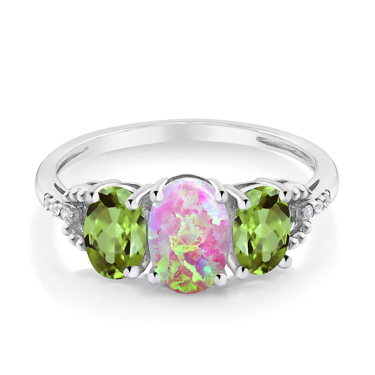 Gem Stone King 10K White Gold Oval Cabochon Pink Simulated Opal Green Peridot and Diamond Engagement Ring For Women (1.65 Cttw, Available In Size 5, 6, 7, 8, 9)
