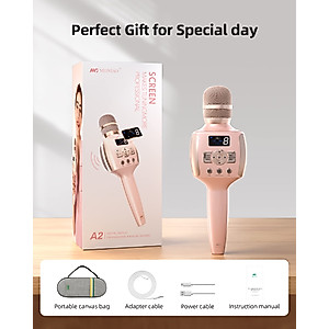 MEINIAO Karaoke Microphone with Digital Screen, Handheld Portable Bluetooth Microphone for Party, Karaoke, Music, & Recording All iOS Android Pc A2(Pink)